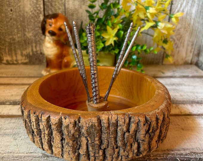 Vintage Bark Sided Nut Bowl Set, Wood Nut Bowl W Nut Cracker and 4 ...