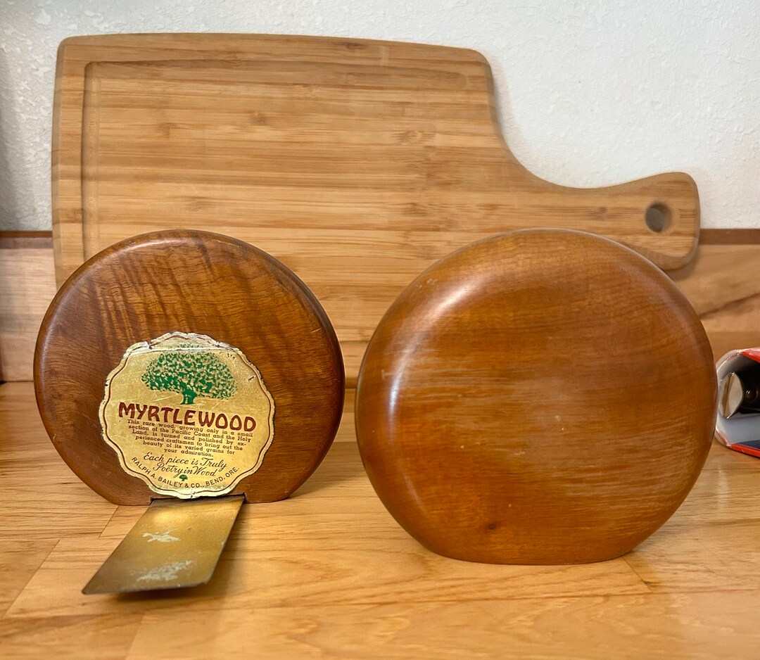 Vintage Myrtlewood Bookends, Round Wood N Brass Bookends, Industrial ...