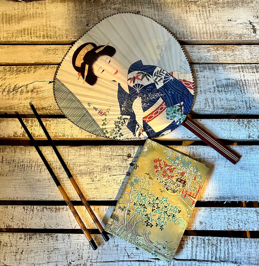 Vintage Japanese Paper Fan Diary & Chopsticks Lot, Asian Decor Pieces X ...