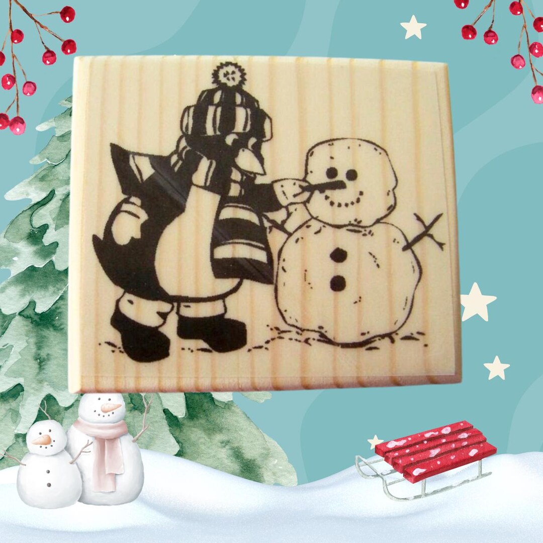 Penguin Making Snowman New Mounted Christmas Rubber Stamp - Etsy