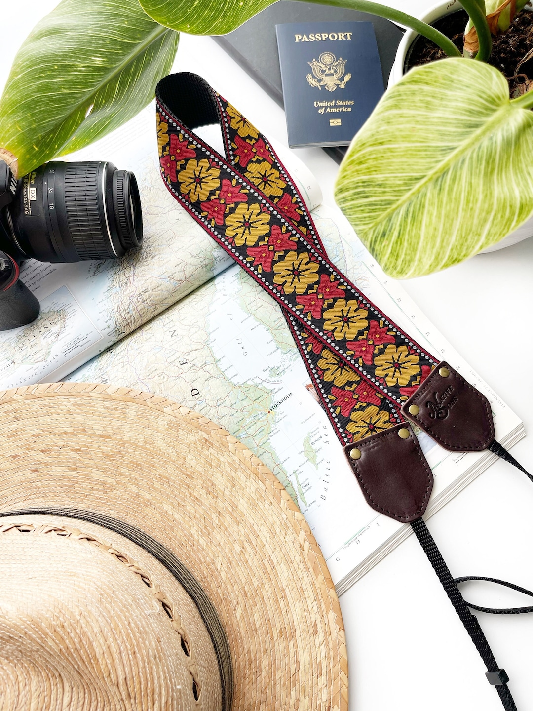 The Arabell Camera Strap by Native Sons - Red and Yellow Flowers on a ...