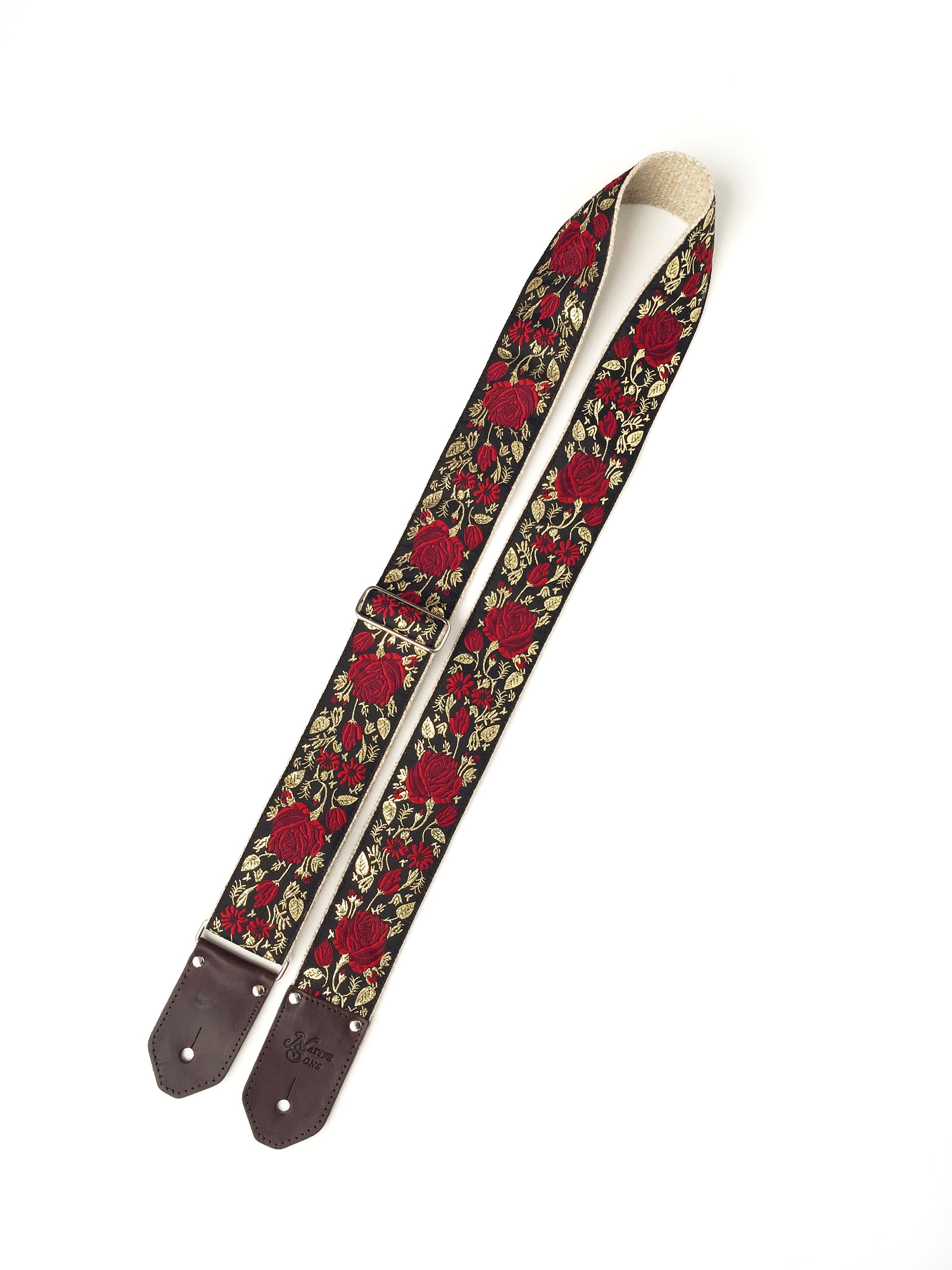The Billy Guitar Strap Red Floral Rose Strap With Gold Leaf | Etsy