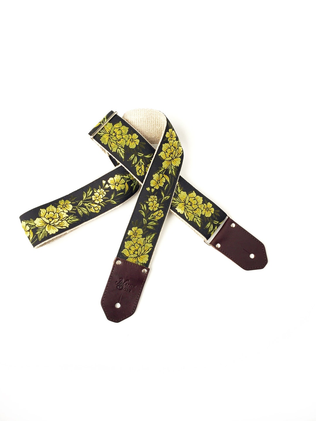 The Mason Guitar Strap - Yellow Floral With Green Leaf on Black ...