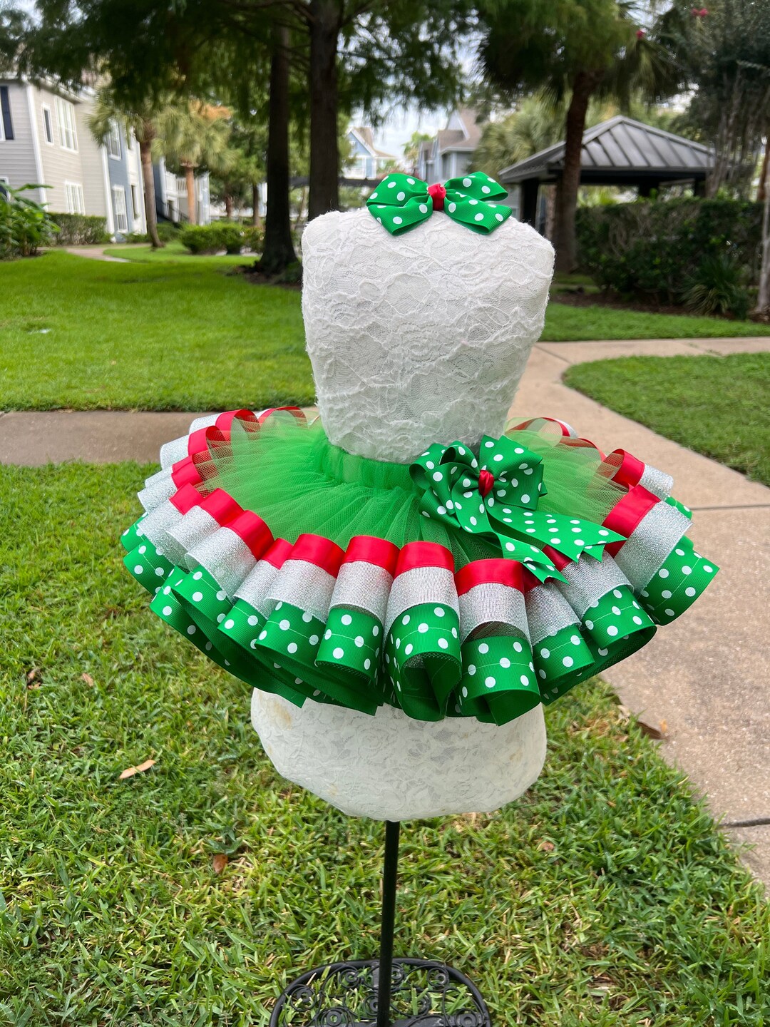 3 Layers Ribbon Trimmed Tutu With Free Matching Bow , Green Tulle With ...