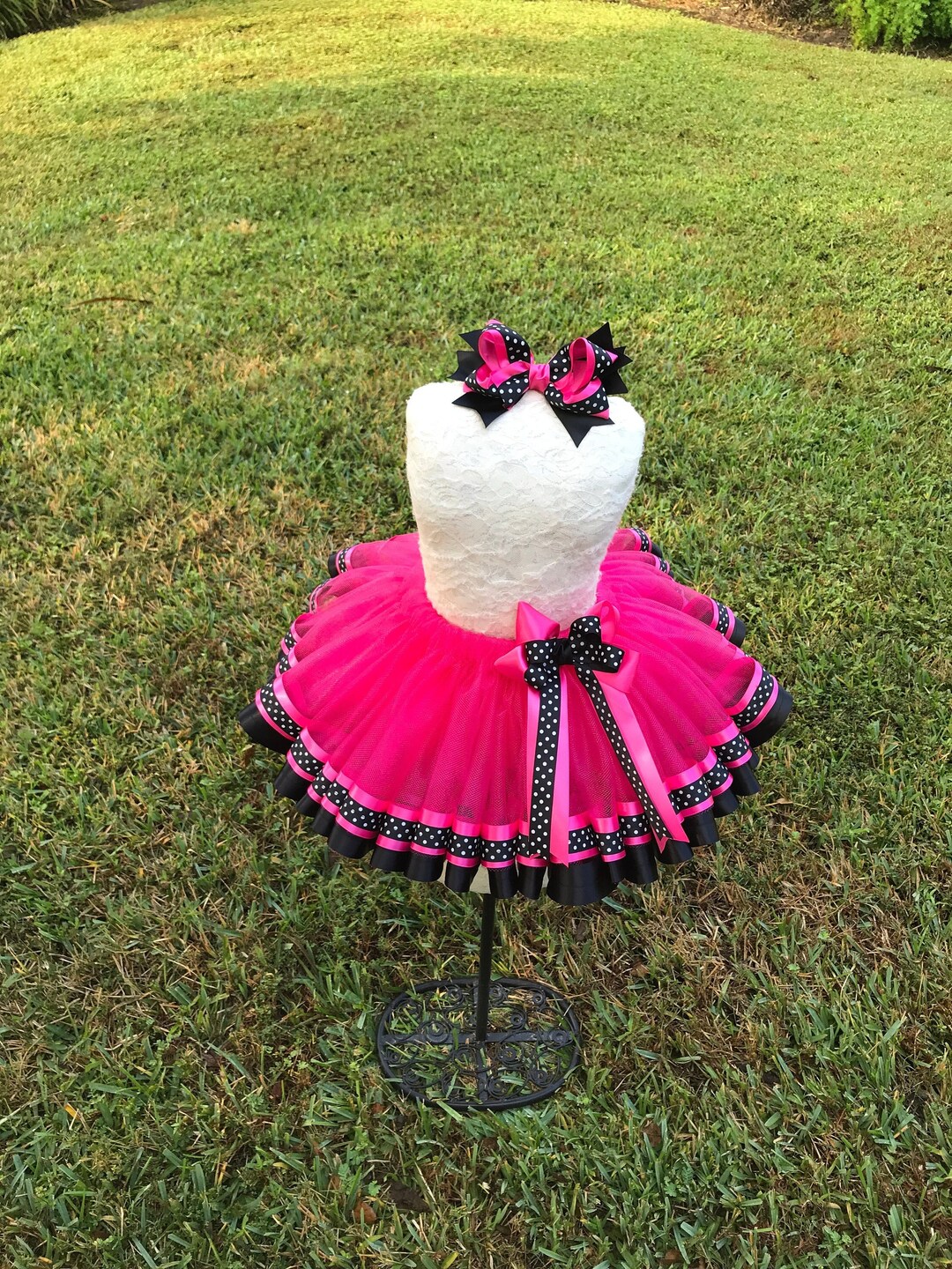 3 Layers Ribbon Trimmed Tutu With Matching Bow , Black , Fushia With ...