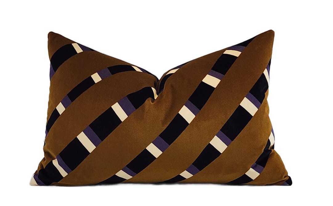 Bold Striped Velvet in Toffee Brown, Eggplant Purple and off White ...