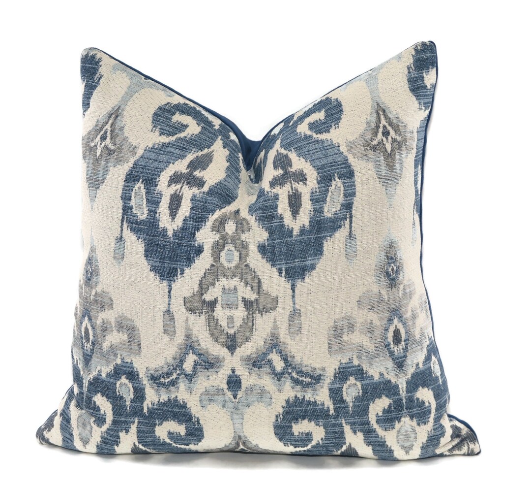 Moroccan Blue Throw Pillow Cover, MULTIPLE SIZES, Blue & Gray Chenille ...
