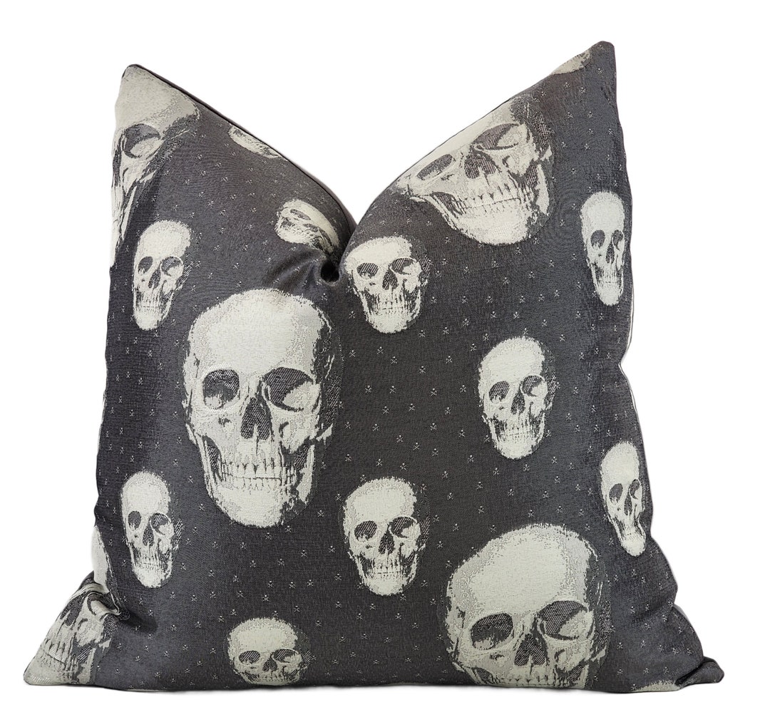 Goth Gray Skull Pattern Throw Pillow, 20x20, Spooky Halloween Home ...