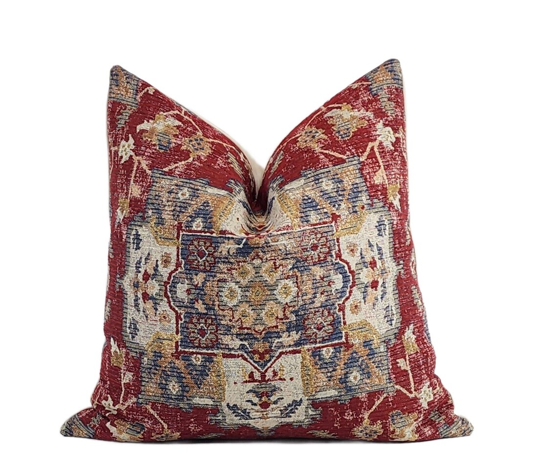 Red & Blue Medallion Pillow Cover: Turkish Moroccan Chenille Jacquard ...