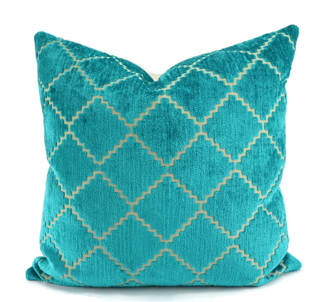 Turquoise Pillows, Turquoise Cut Velvet Throw Pillow Cover, Coastal ...