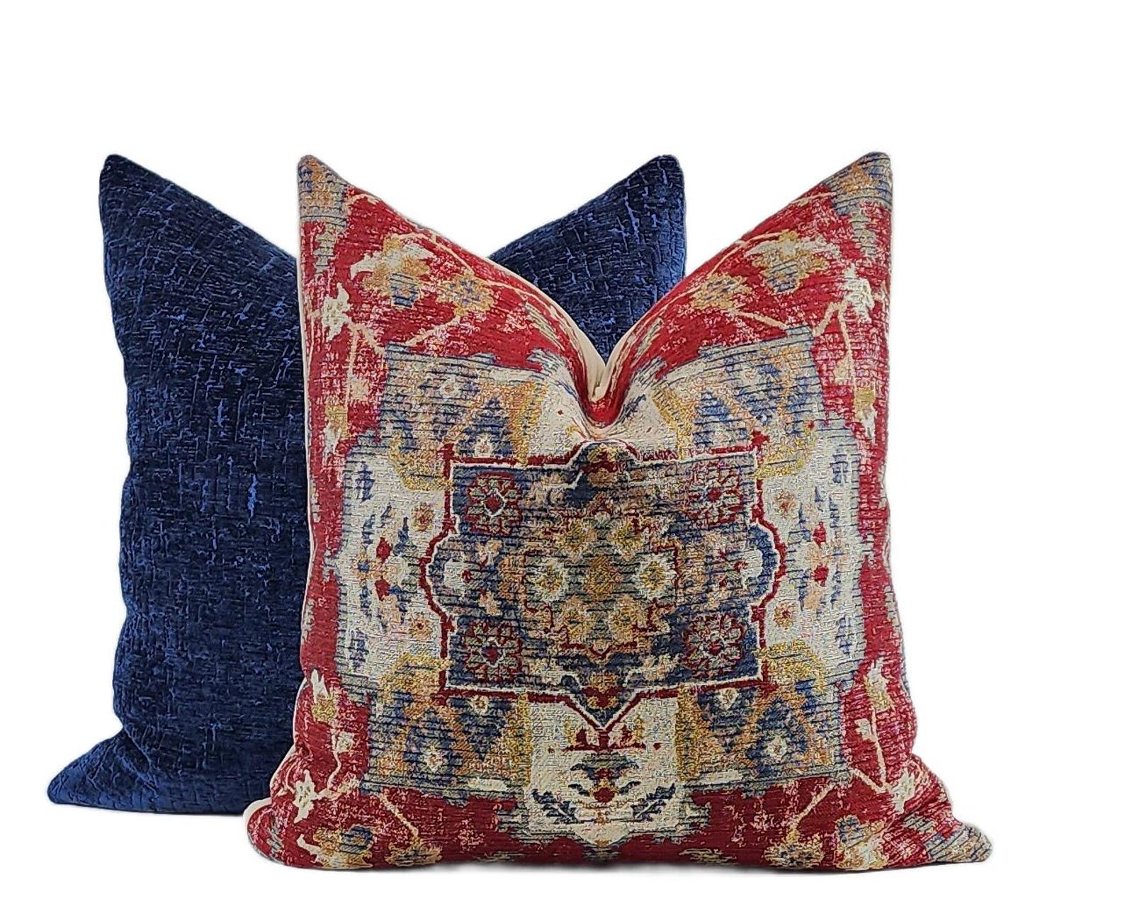 Red & Blue Medallion Pillow Cover: Turkish Moroccan Chenille Jacquard ...