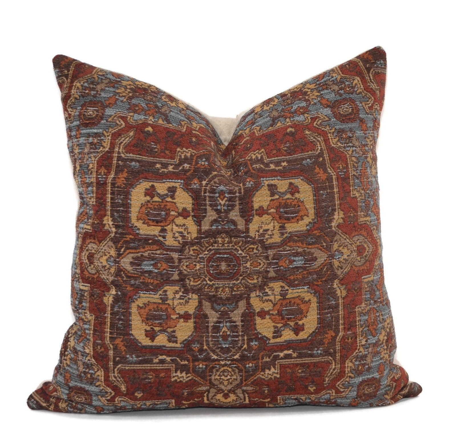 Turkish Throw Pillow Cover, Boho Brown, Blue, Paprika Chenille Pillows ...