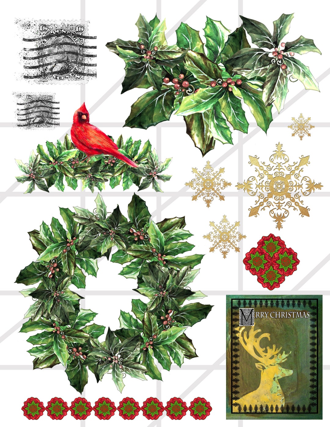 Christmas Holly Printable Art for Crafts. TWO Instantly Downloadable ...