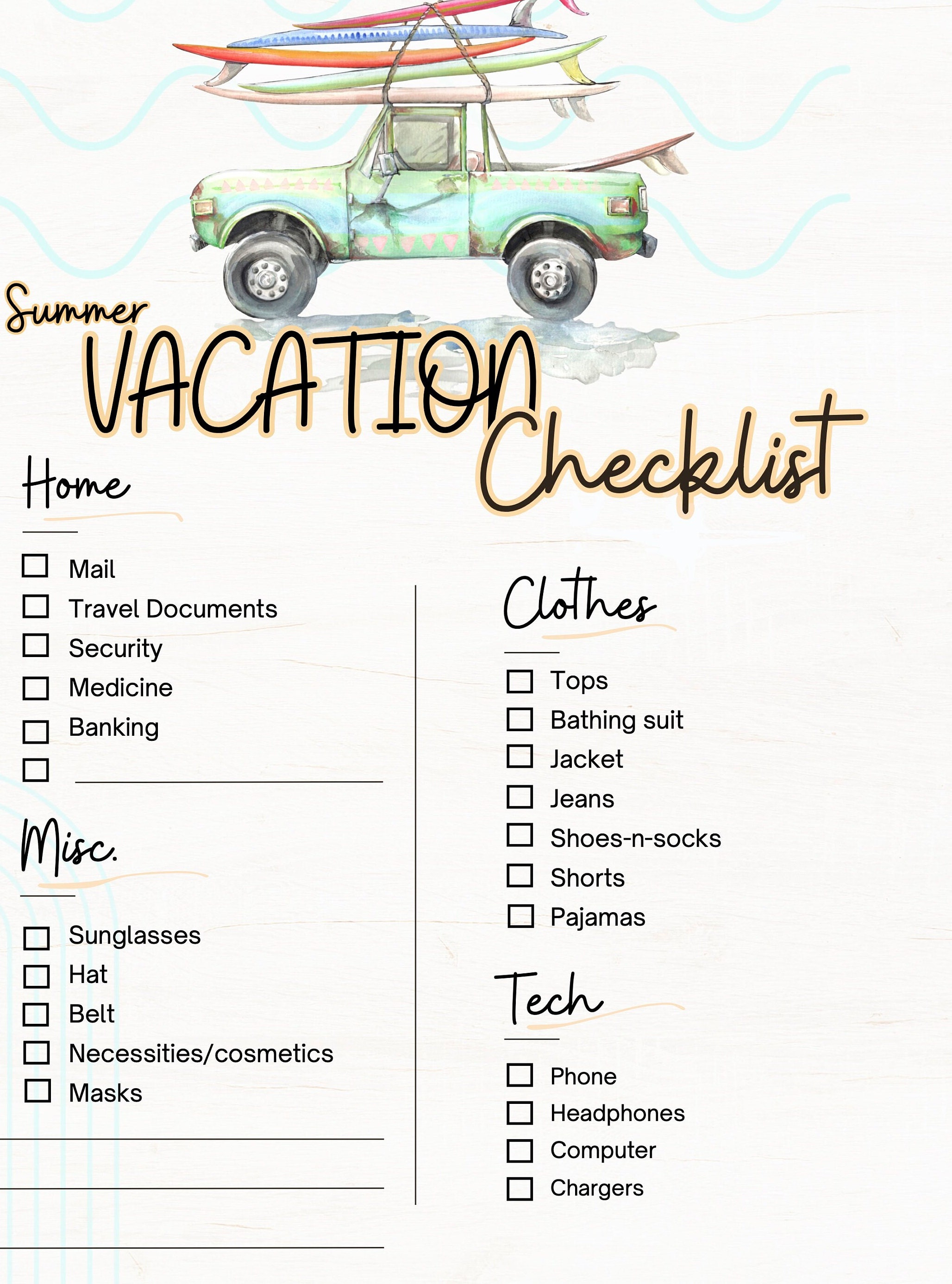 Vacation Checklist Printable. One Instantly Downloadable Sheet. Get ...