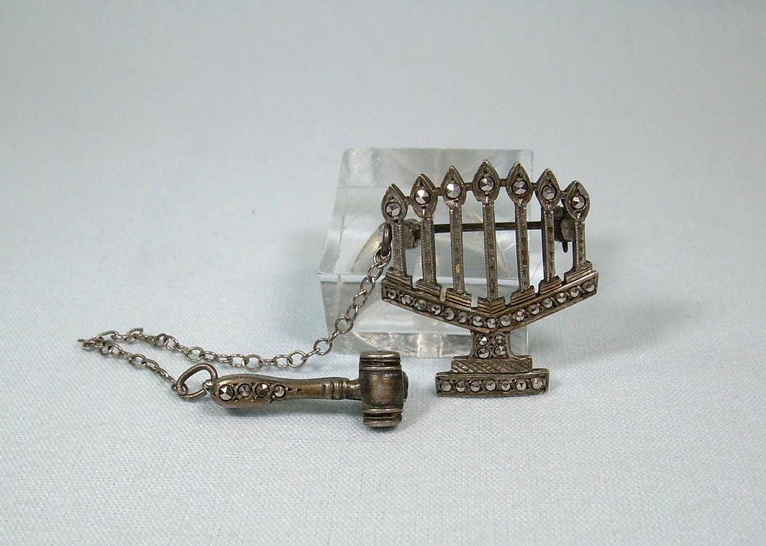 STERLING MENORAH & GAVEL Chained Double Pin-antique Vintage 925 Silver ...