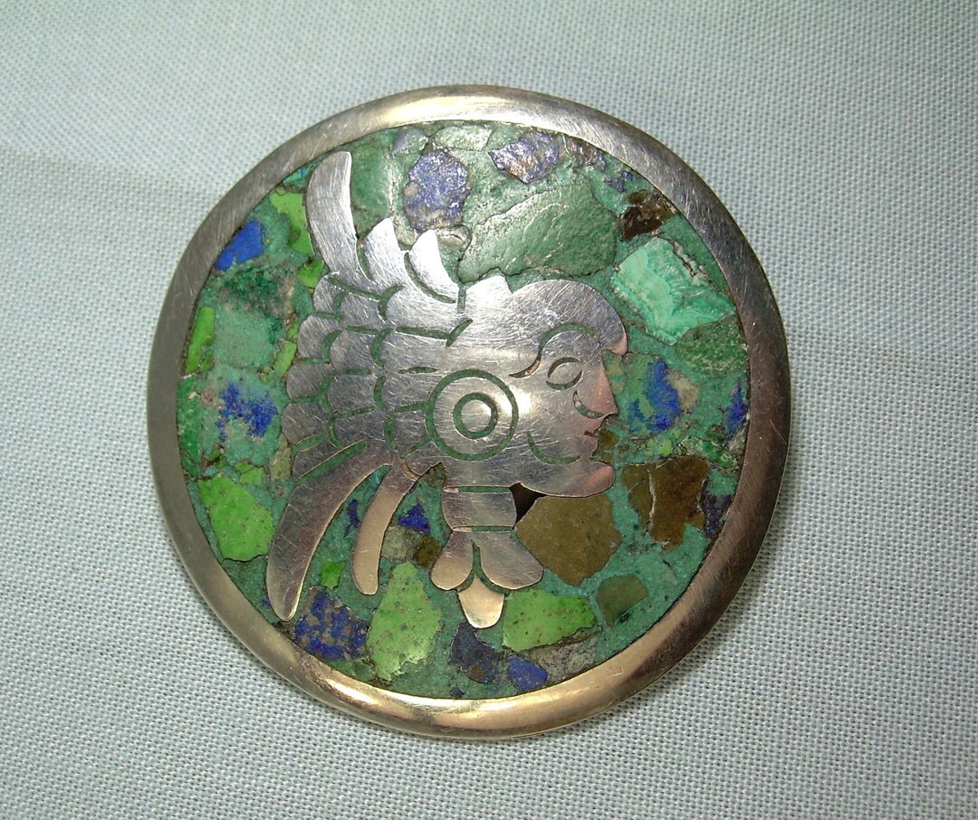STERLING HUN HUNAHPU Deity Pin Brooch-vintage 925 Silver-stone-taxco ...