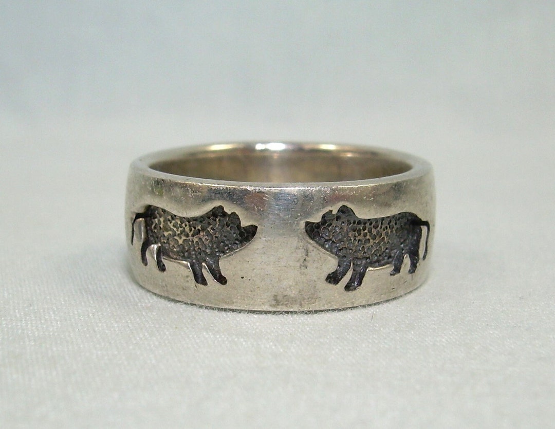 STERLING CELTIC BOAR Band Ring-vintage 925 Silver-peter Stone Pscl Hallmark-wild Pig Swine Sow ...