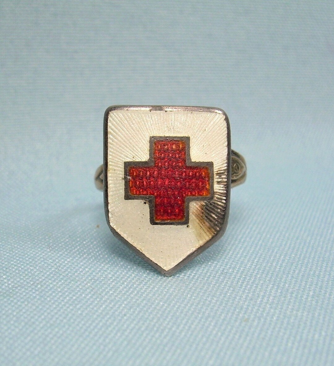 10K & 800 SILVER Red Cross on White Shield Charm Ring-vintage Handmade ...