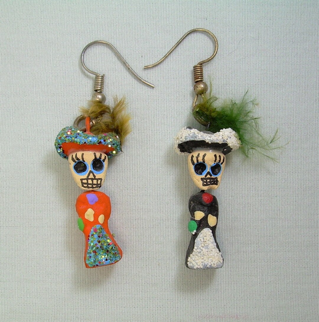 2-1/8" HANDMADE SKELETON Husband Wife Wire Hook Earrings-vintage ...