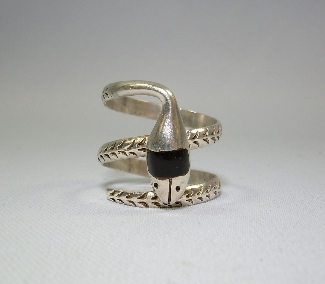 STERLING COILED SNAKE Wrap Bypass Ring Adjusts-vintage 925 Silver-black ...