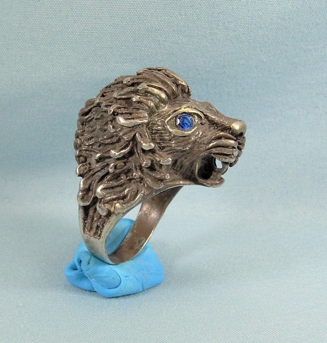 21g STERLING HUGE LEO Ring-vintage Heavy 925 Silver-blue Eyes-lion Head ...