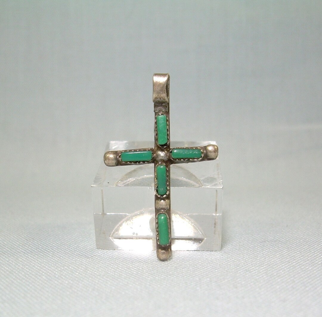 STERLING ZUNI CROSS Pendant Charm-vintage 925 Silver-green Turquoise ...