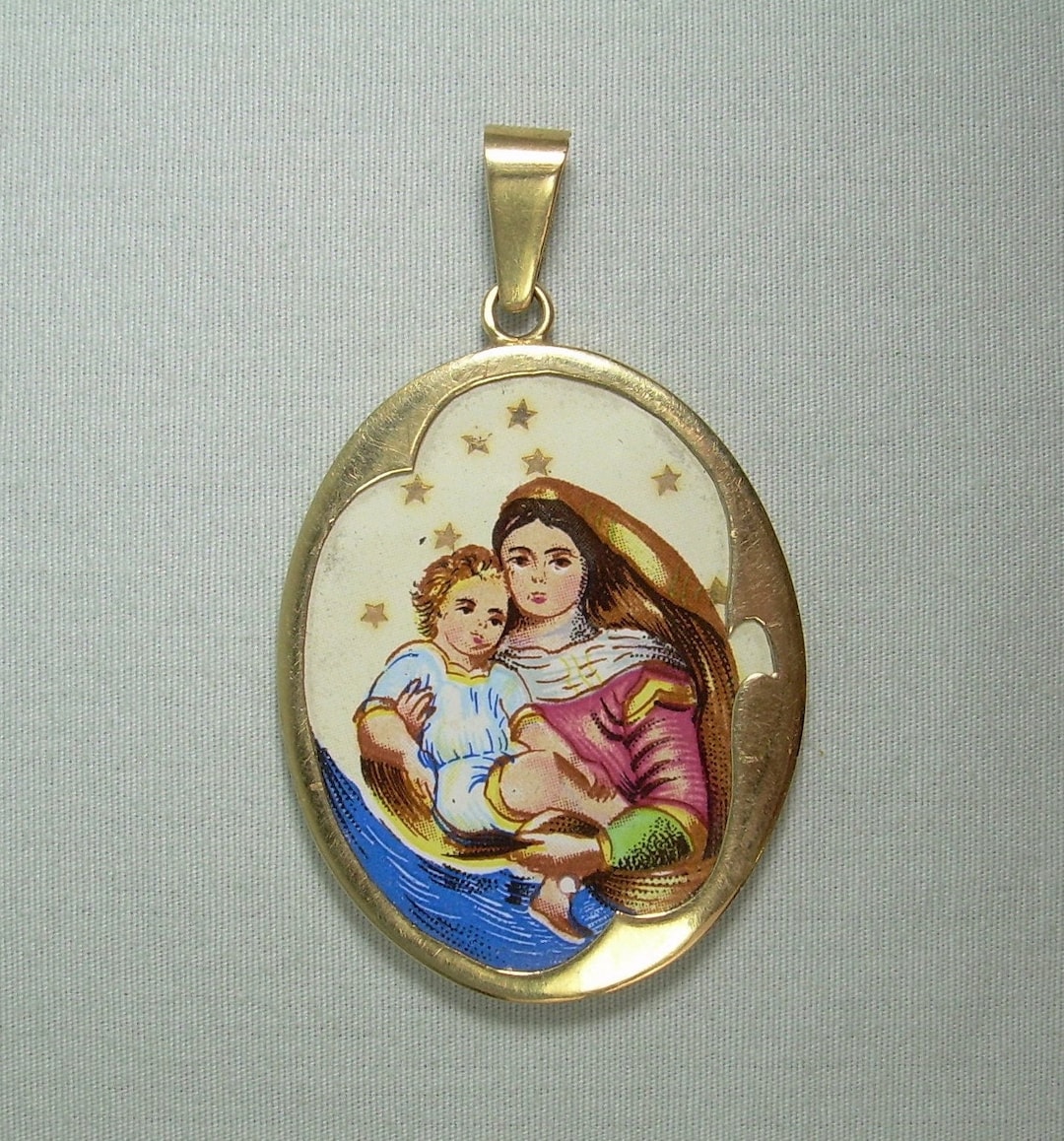 2" 14K GOLD Mary Jesus Pendant Charm-vintage 14kt 585 Enamel-latin ...