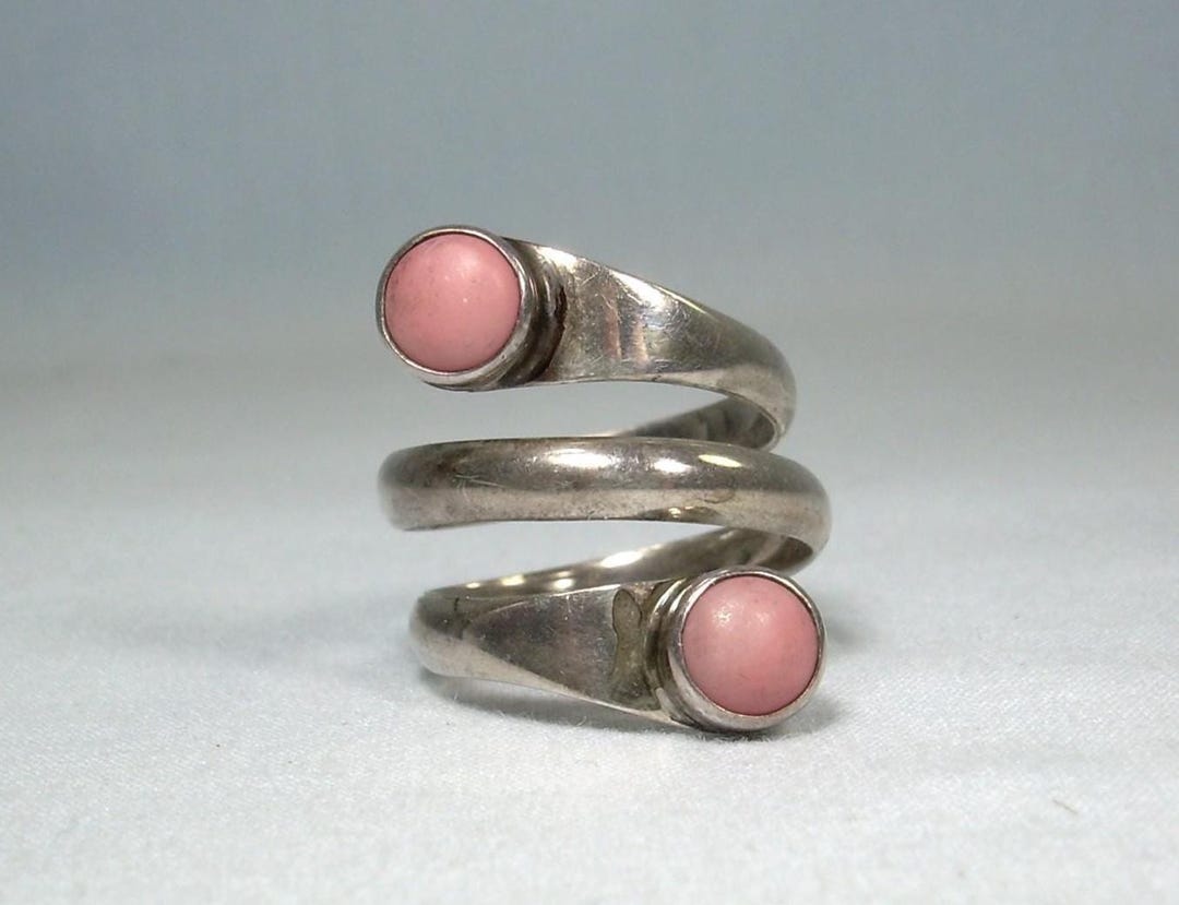 STERLING COILED SPRING Wrap Bypass Band Ring-vintage 925 Silver-pink ...