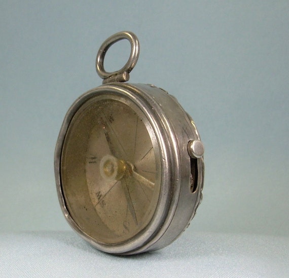 STERLING ANTIQUE COMPASS Watch Fob Charm Pendant-Vint… - Gem