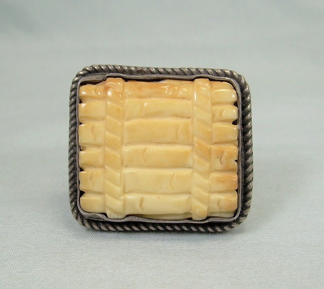STERLING CARVED Bone Ring Size 5-3/4 Vintage 925 Silver-peyote Bird PB ...