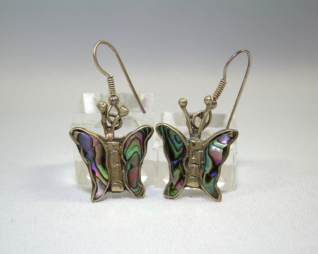 ALPACA ABALONE BUTTERFLY Wire Hook Earrings-vintage Silver Tone-taxco ...