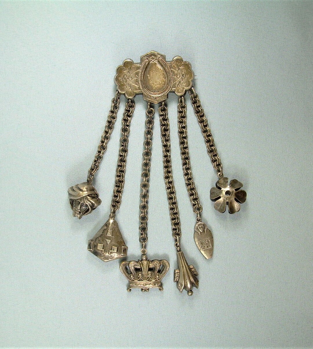 ANTIQUE LUCKY CHATELAINE Rolo Chain 3D Charms Brooch Pin-vintage Silver ...