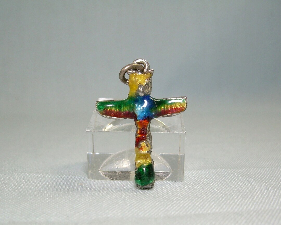 STERLING TOTEM Pole Cross Charm Pendant-vintage 925 Silver-enamel-bmco ...