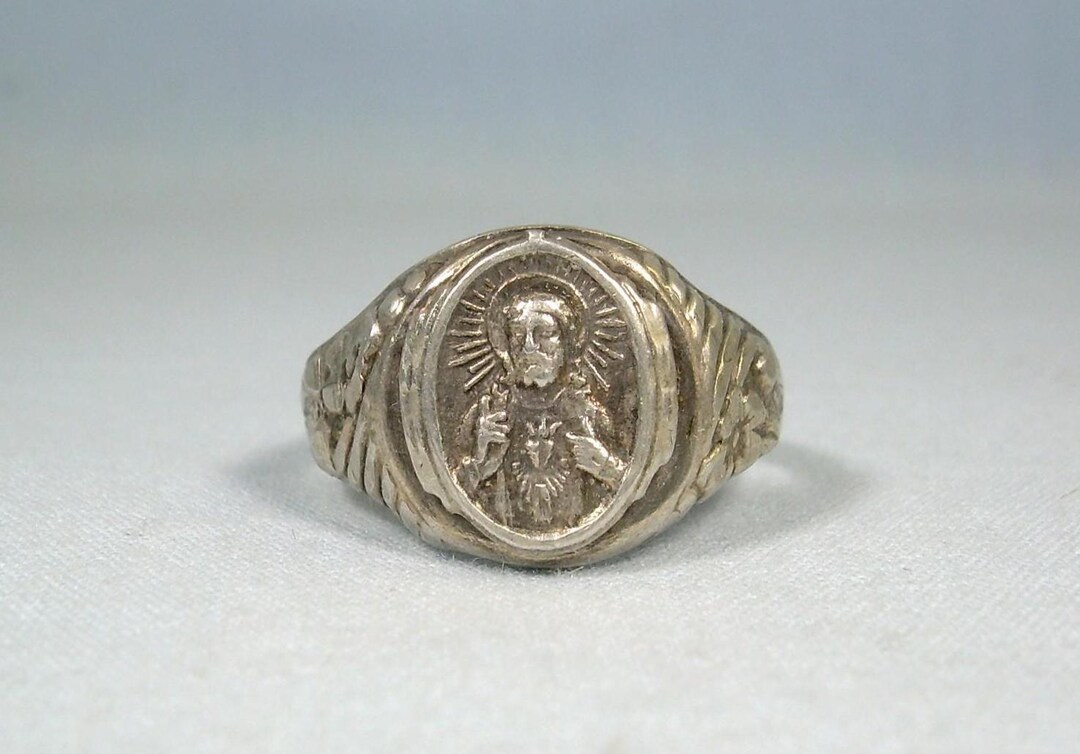 STERLING SACRED Heart of Jesus Ring Adjusts-vintage Antique 925 Silver ...