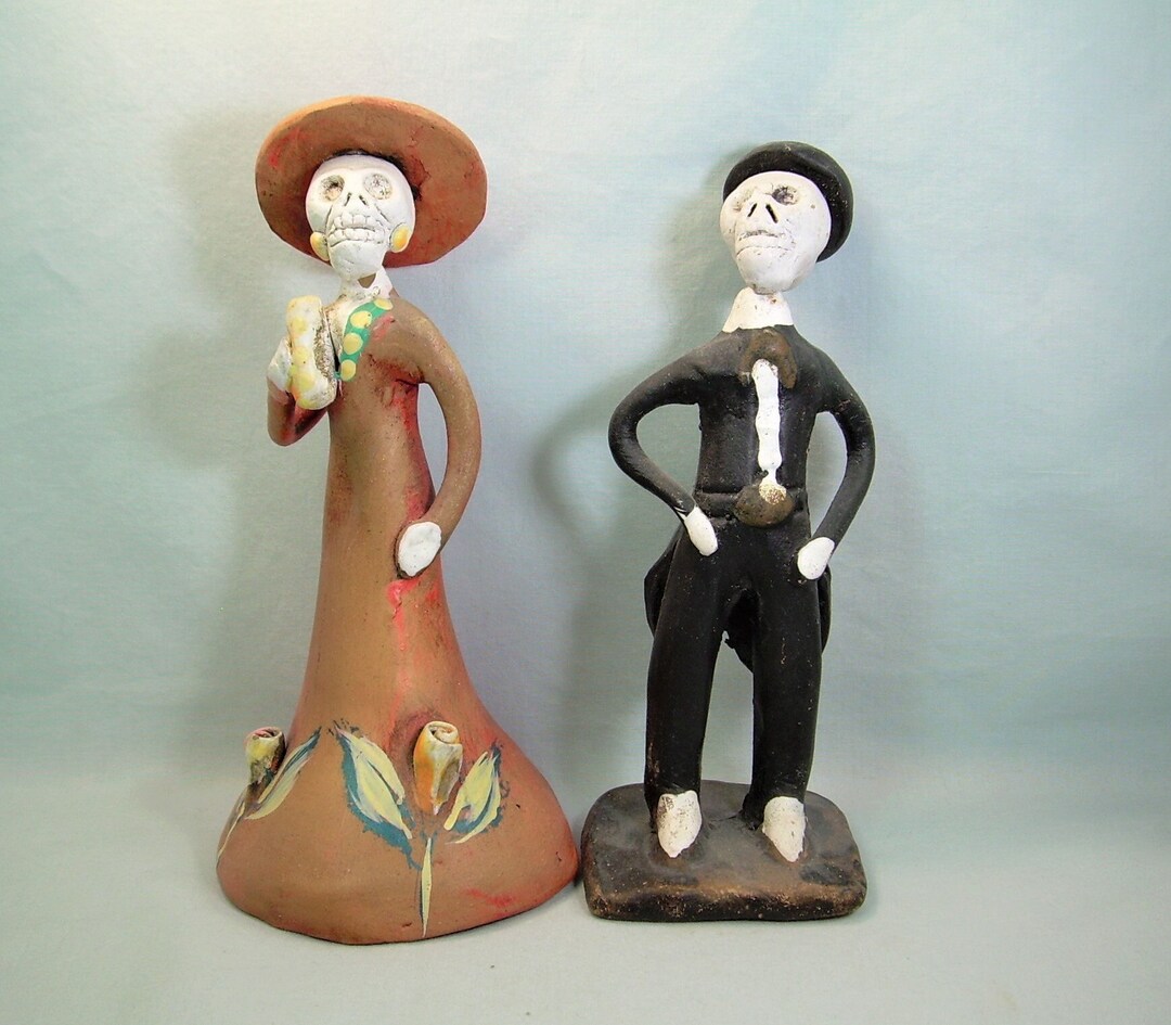 6" HANDMADE SKELETON Husband & Wife Statue Figurines-vintage Mexico ...