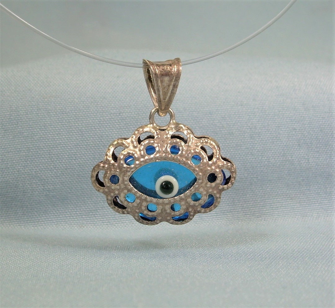 7/8" STERLING EVIL EYE Pendant-vintage 925 Silver-blue Black Glass ...