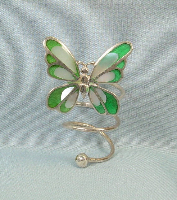 STERLING BUTTERFLY Wrap Ring Verstellbare GroBe Vintage 925 Silber Grune Emaille MOP Perlmutt Spule Fruhling Sommer Garten Motte Fee Feen Etsy