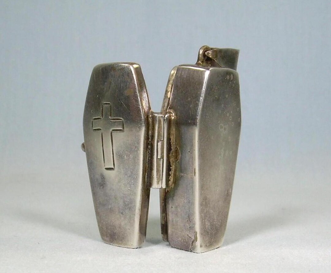 10.8g STERLING COFFIN CROSS Locket Pendant-vintage 925 Silver-hinged ...