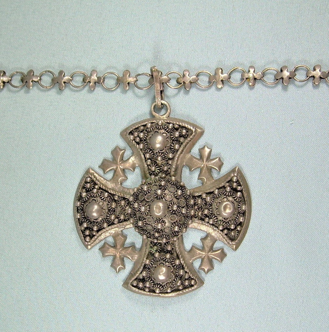 24" STERLING JERUSALEM CROSS Pendant Crosses Chain Necklace-vintage 925 ...