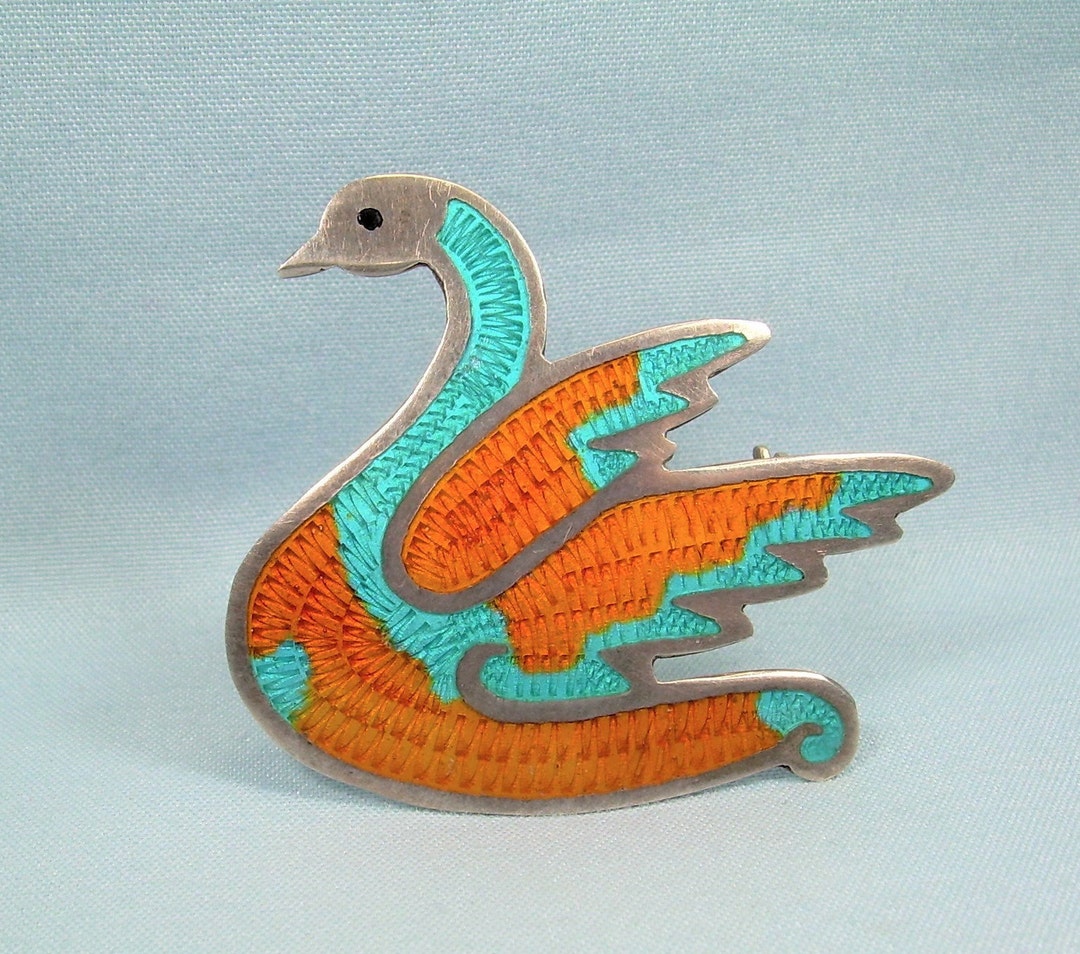1-1/2" STERLING SWAN Bird Brooch Pin-vintage Guilloche 925 Silver ...