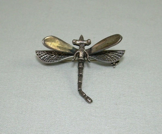 STERLING DRAGONFLY Pin Brooch-Vintage 925 Silver-3D D… - Gem