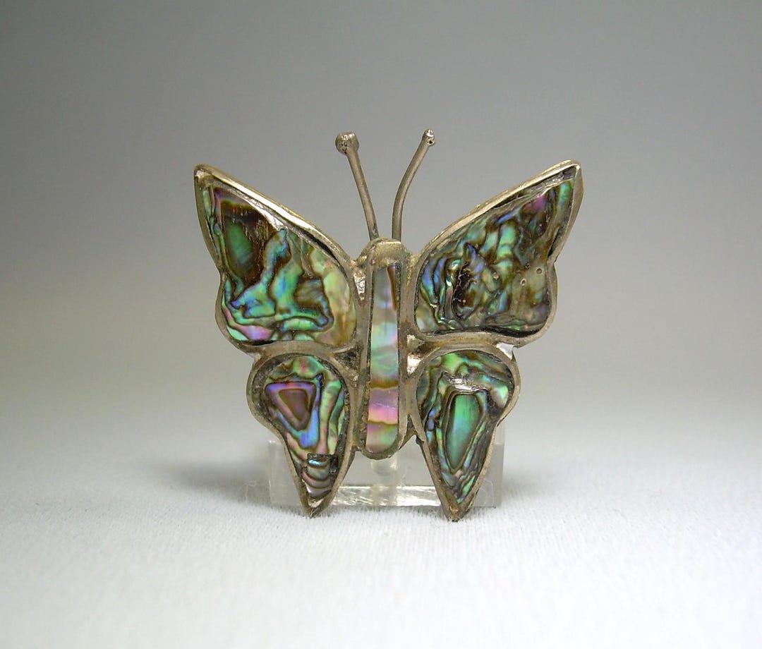 ALPACA ABALONE BUTTERFLY Pin Brooch-vintage Silver Tone-taxco Mexico ...