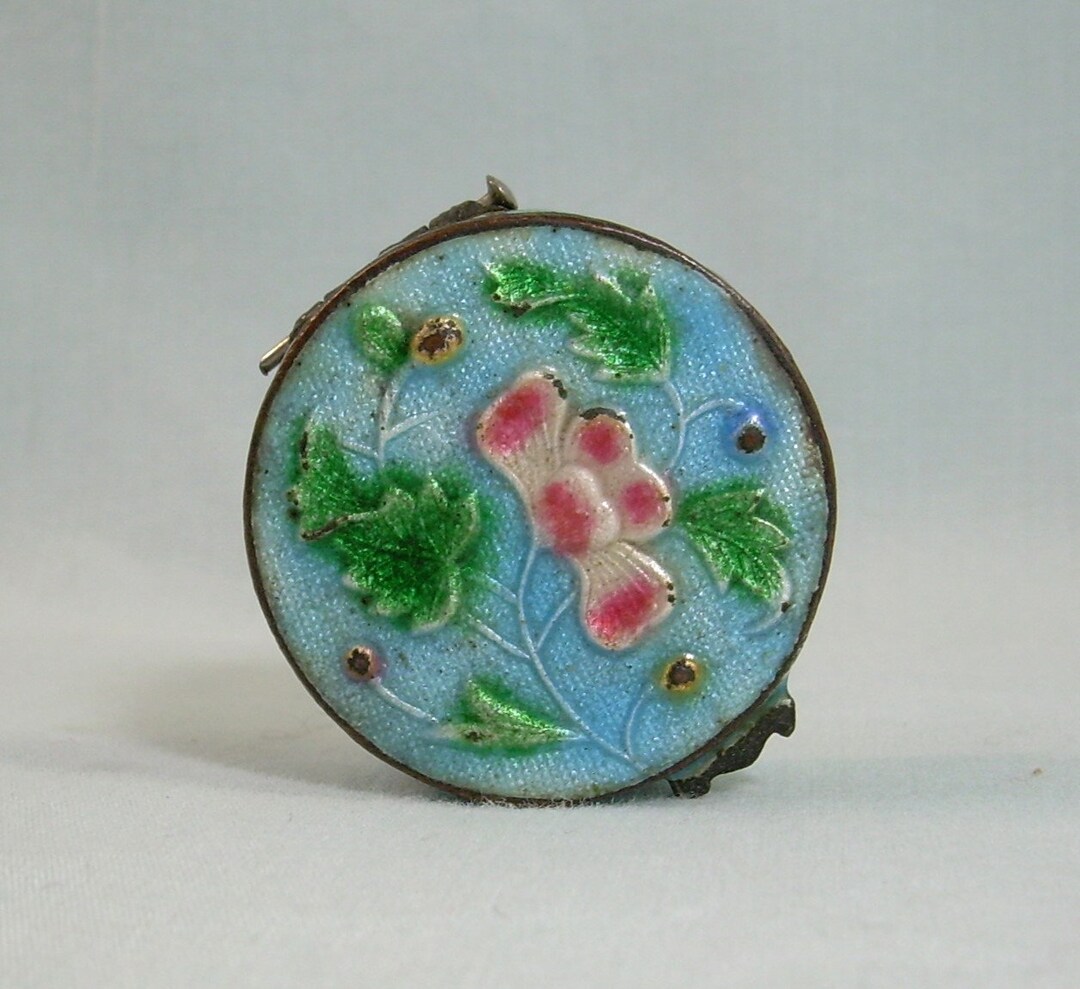 ANTIQUE CHINESE Flower Locket-vintage Silvered Brass-enamel-lotus ...