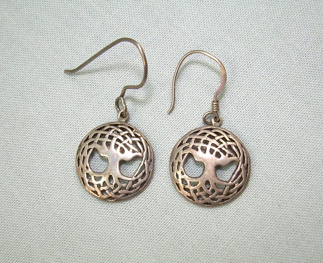 STERLING SACRED TREE of Life Charm Wire Hook Earrings-vintage 925 ...