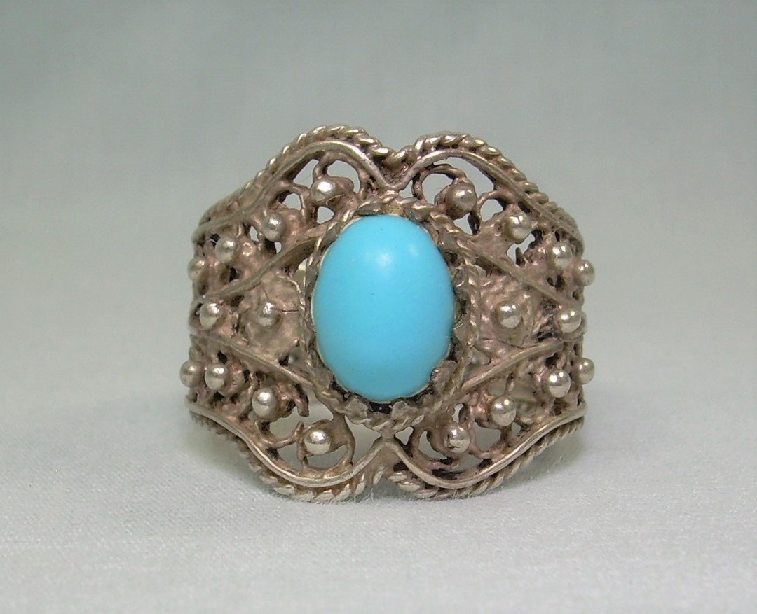 STERLING ITALIAN ETRUSCAN Filigree Band Ring-vintage 925 Silver & 14K ...
