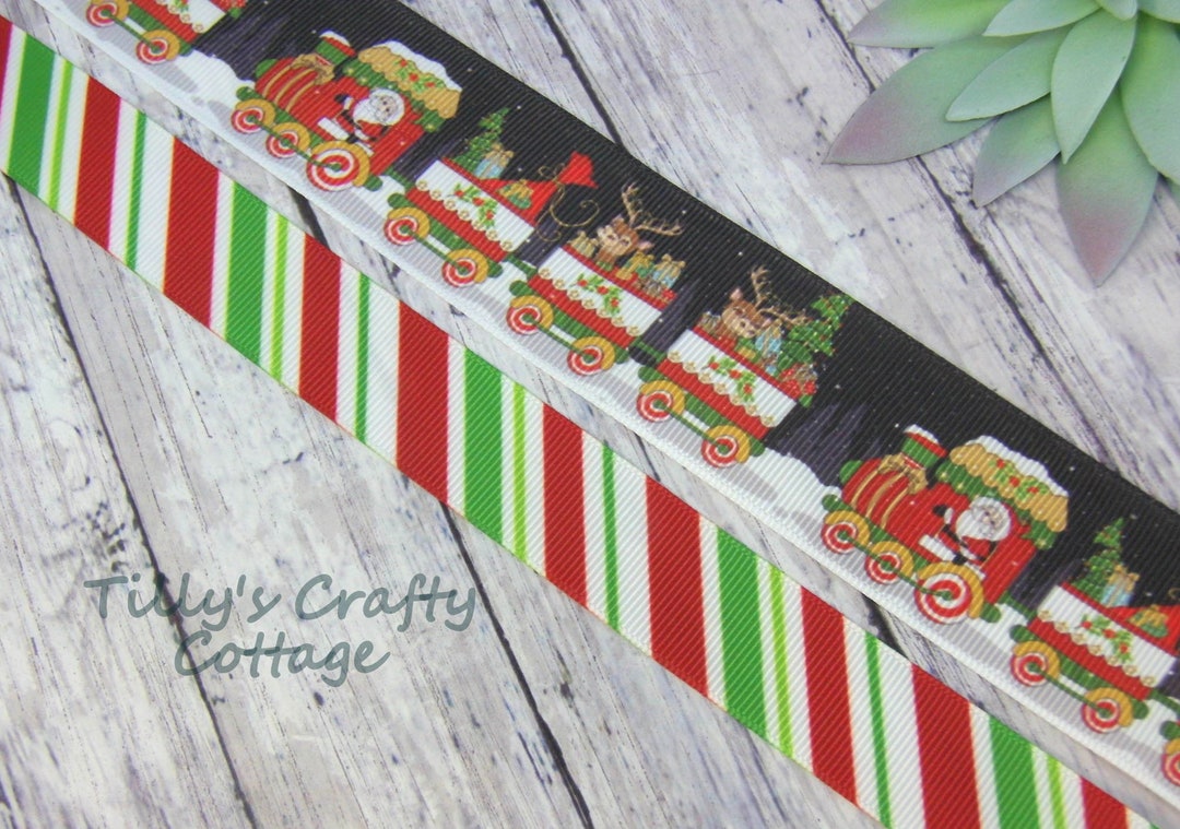 7/8" or 1.5" Santa Christmas Train Grosgrain Ribbon, Red Green Candy ...