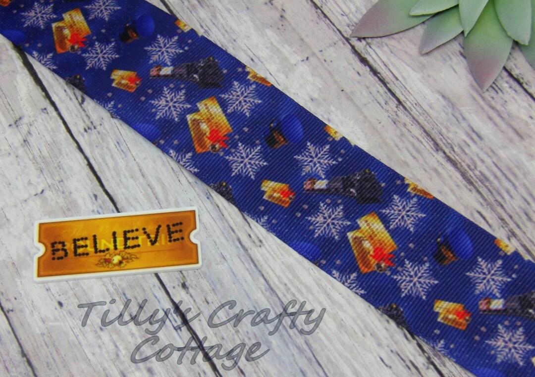 1.5" Christmas Train Express Grosgrain Ribbon, Blue Believe Christmas ...