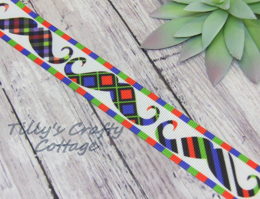 7/8" Mustache Polka Dot Grosgrain Ribbon, 5 Yard Cut DIY Printed Ribbon ...