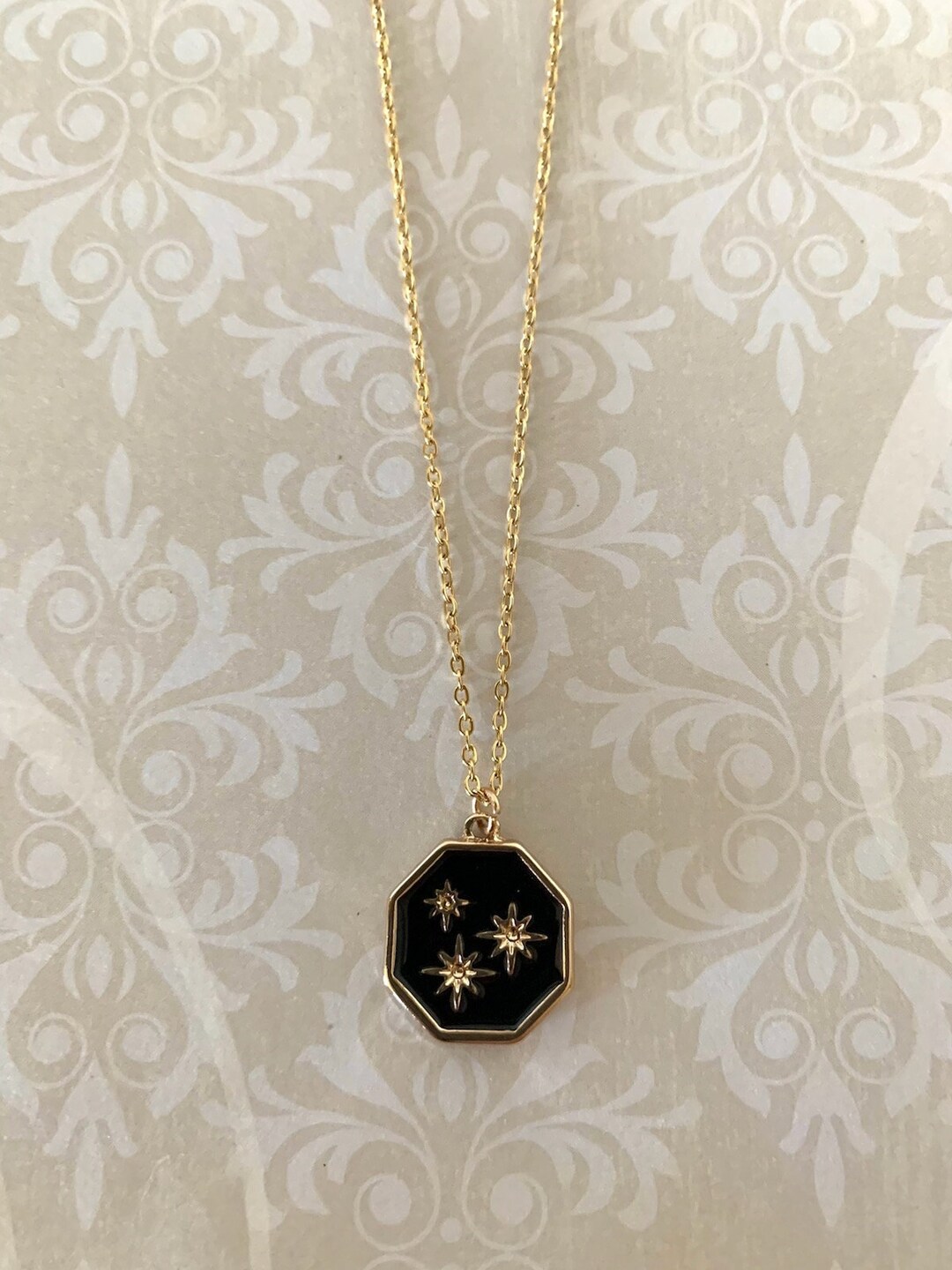 Stars on Black Octagon Necklace, Gold Stars Necklace, Stars Necklace ...