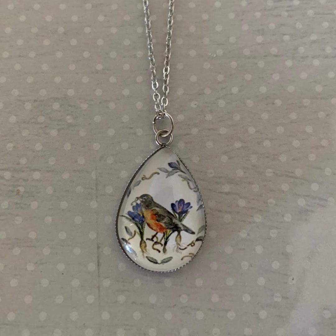 Robin and Violets Necklace, Bird Jewelry, Bird Pendant, Necklace Bird ...